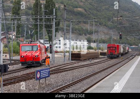 Matterhorn Gotthard Bahn Gm 3/3 diesel shunter 71 at Visp with a ...