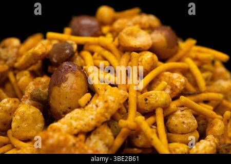 Hot spicy NavRatan mixture snacks in full-frame, made with, potato ...