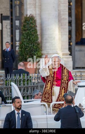 Pope Leo XIV, on his popemobile, tours St. Peter's Square at the ...