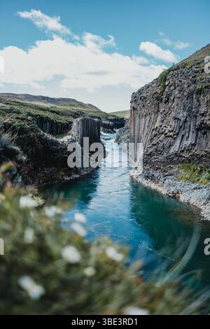 Dramatic volcanic basalt rock formations in the Gola dell'Alcantara, a ...