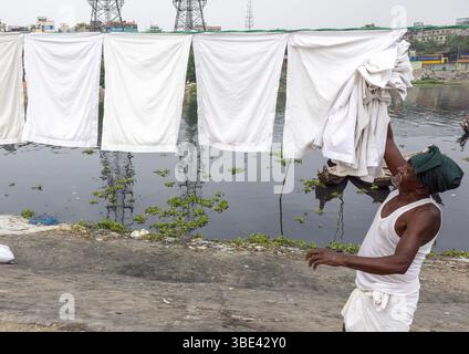Man taking off household linens hanging on clothesline, Dhaka Division ...