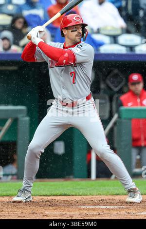 Cincinnati Reds first baseman Spencer Steer watches his three-run home ...