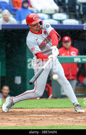 Cincinnati Reds first baseman Spencer Steer watches his three-run home ...
