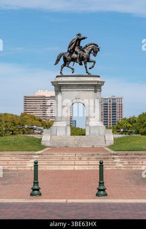 Bronze sculpture of General Sam Houston at the entrance to Hermann Park ...
