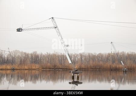 Cable wakeboard tower on a lake in Ukraine installation for riding on ...
