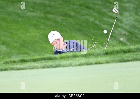 Jordan Spieth hits to the 13th green during a practice round for the ...