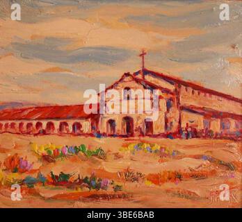 John Henry Ramm - miniature oil on board painting of California Mission ...