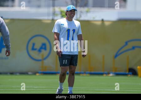 Los Angeles Chargers kicker Cameron Dicker (11) kicks for a field goal ...