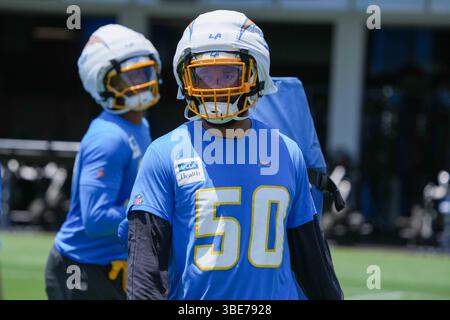 Los Angeles Chargers linebacker Caleb Murphy (50) reacts before an NFL ...