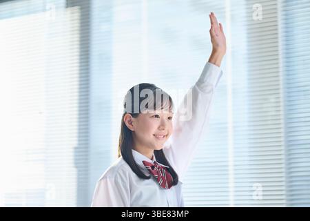 Junior high school girls raising their hands in class Stock Photo - Alamy