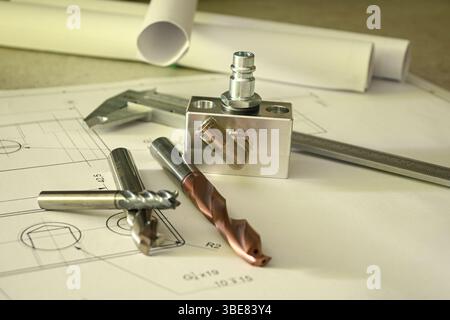 Metal drill bits, milling cutters and a caliper are laying on a ...