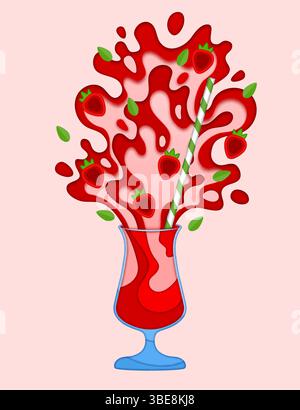 Paper cut strawberry juice splash with vector 3d origami berry. Summer ...