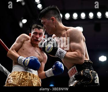 Champion Shu Utsuki (black gloves) of Japan and challenger Aketelieti ...
