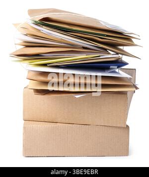 Different paper envelopes and parcels on wooden shelf in post office ...