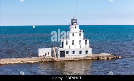 Aerial photgoraph of the lighthouse that protects Manitowoc Harbor ...