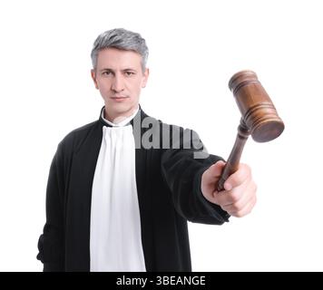 Judge with mallet in court dress on white background Stock Photo - Alamy