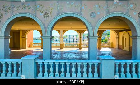 Aerial Fly Through Mediterranean Stone Arches Over Marina and ...