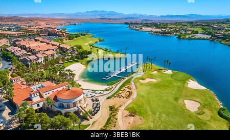 Aerial Luxury Lakeside Resort Golf Course and Marina Oasis Flyover ...