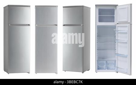 modern household refrigerator with food, four angles, isolated Stock ...