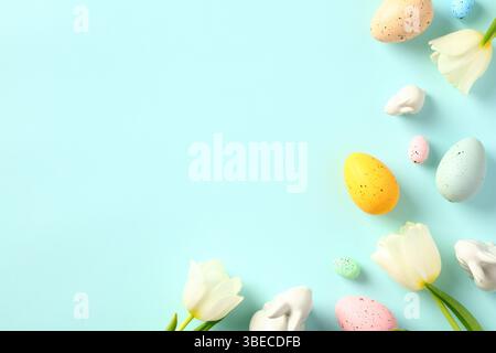 Happy Easter greeting card template. Easter eggs frame on pink pastel ...