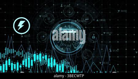 Statistical data processing and cyber security text over round scanner against black background ...
