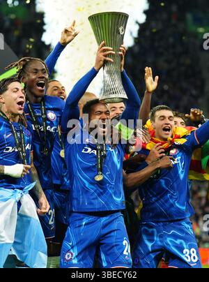 Chelsea's Reece James lifts the trophy following the UEFA Conference ...