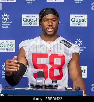 New York Giants linebacker Bobby Okereke (58) reacts during an NFL ...