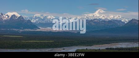 A view of Mt Denali and Mt Hunter in the Alaska Range from Swan Lake ...