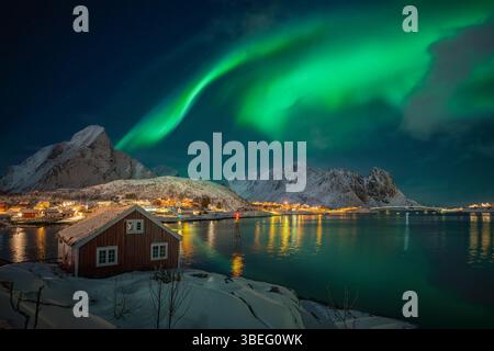 Aurora Borealis dancing over fjord, Tromso Northern Norway Stock Photo ...