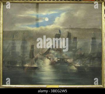 This painting depicts the engagement between the British ship *HMS ...