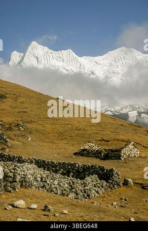 remains of stone buildings, Mount Everest trekking route , Niyang Khola ...