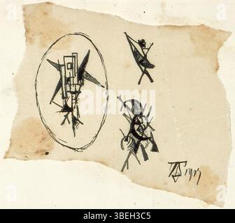 An abstract composition featuring a central figure surrounded by ...