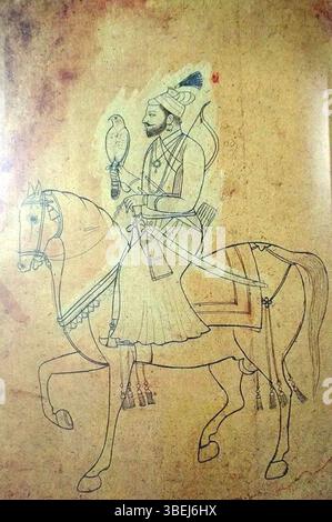 Depiction of Guru Gobind Singh, the tenth Sikh Guru, accompanied by his ...