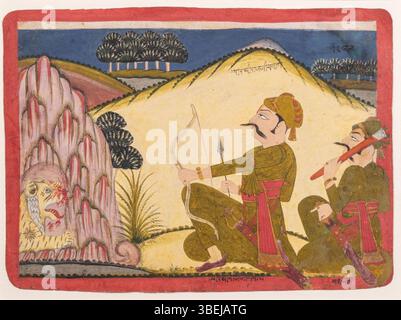 Painting of Prithviraj Chauhan hunting a tiger, with Chand Bardai ...
