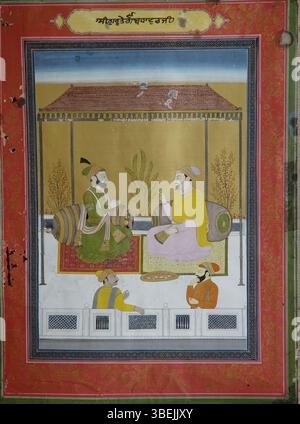 Painting of Guru Tegh Bahadur with decorated red border and identifying ...