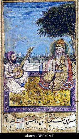 Painting of Guru Nanak seated under a tree in the presence of Bhai Bala ...