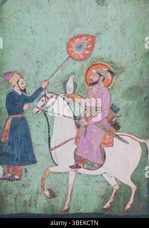 This artwork depicts Guru Gobind Singh, the 10th Sikh Guru, with his ...