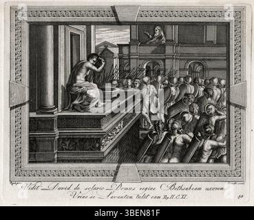 This artwork depicts the biblical scene of Bathsheba receiving at court ...