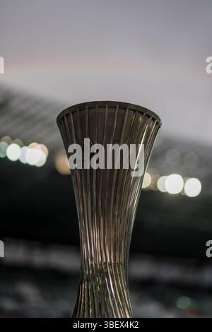The trophy is seen prior to the UEFA Conference League 2025/26 final ...