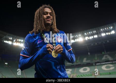 Mathis Amougou celebrates during the award ceremony following the UEFA ...