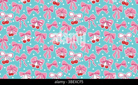 Cute coquette aesthetic seamless pattern pink ribbon bow on striped ...