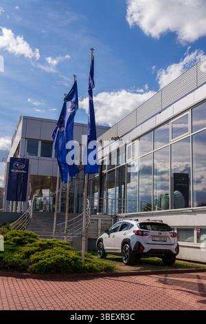 Subaru company logo in front of dealership building on May 29, 2025 in ...