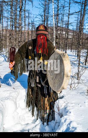 Traditional dressed Shaman, Tura, Krasnoyarsk Krai, Evenki state ...