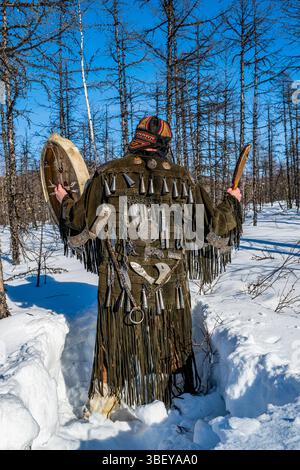 Traditional dressed Shaman, Tura, Krasnoyarsk Krai, Evenki state ...