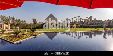 View of Giza Pyramids from Marriott hotel, Cairo, Egypt, Africa Stock ...