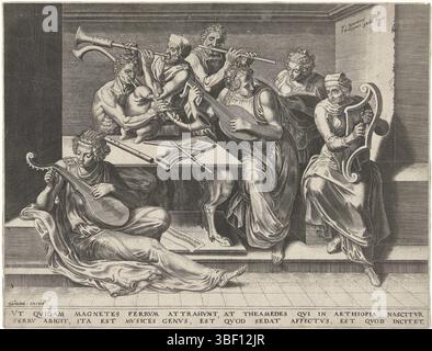 Music. Seven musicians around a table. Six play instruments (2 x lute ...