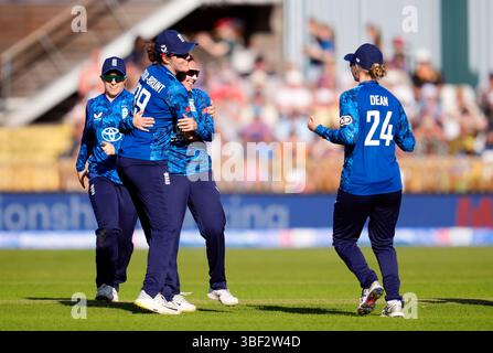 England's Linsey Smith celebrates taking the wicket of West Indies ...