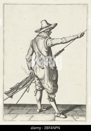 Soldier who holds his musket with his right hand upright, in his left ...