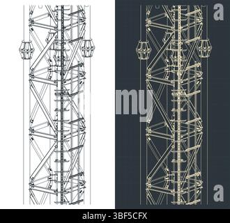 Isometric drawings of cell tower supports close-up stylized vector ...