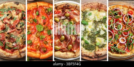 Collage of different delicious pizzas, top view. Banner design Stock ...